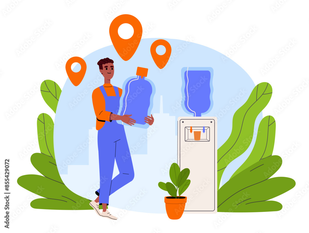 Water supplier concept. Man in uniform with large plastic bottle near ...