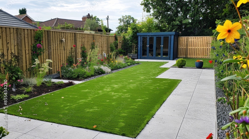 A general view of a back garden with artificial grass, grey paving slab ...