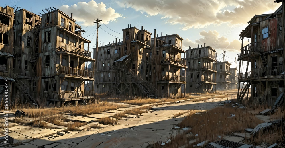 abandoned post apocalyptic urban city town house ruins. empty aged old ...