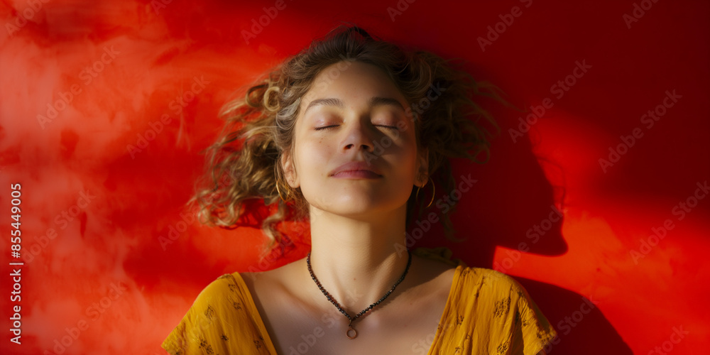 Reflective woman portrait on vivid red background, a natural portrait ...