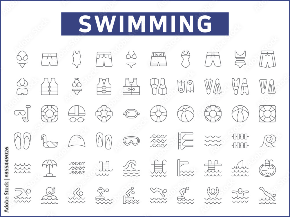 Set of swimming and pool Icons line style. Contains such Icons as ...