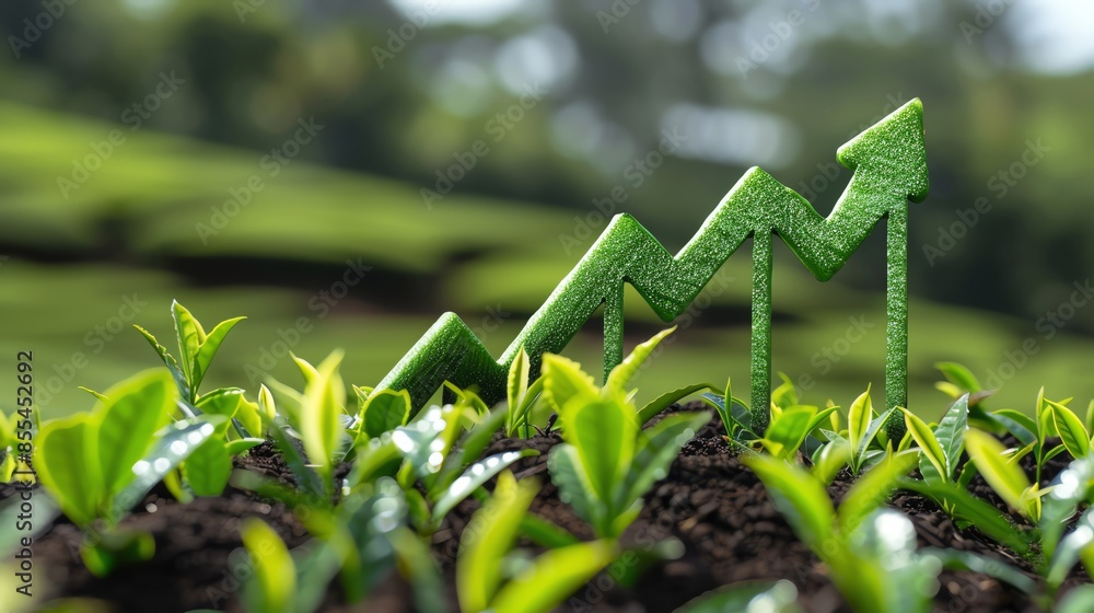 green graph arrow up and green building on tea plantations background ...