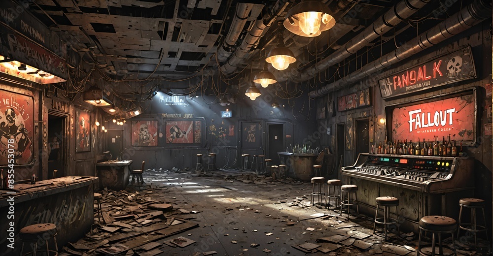 abandoned empty bar interior. dystopian post apocalyptic building ...