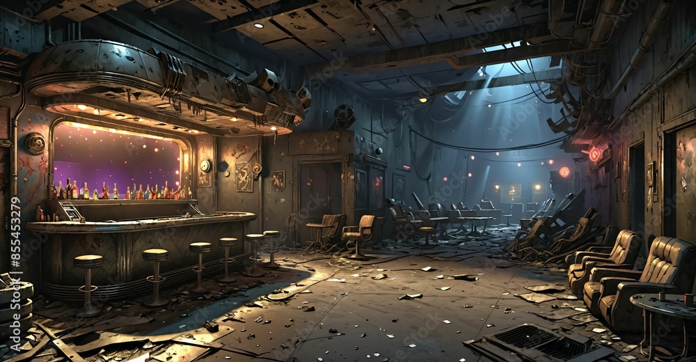 ภาพประกอบสต็อก abandoned empty bar interior. dystopian post apocalyptic ...