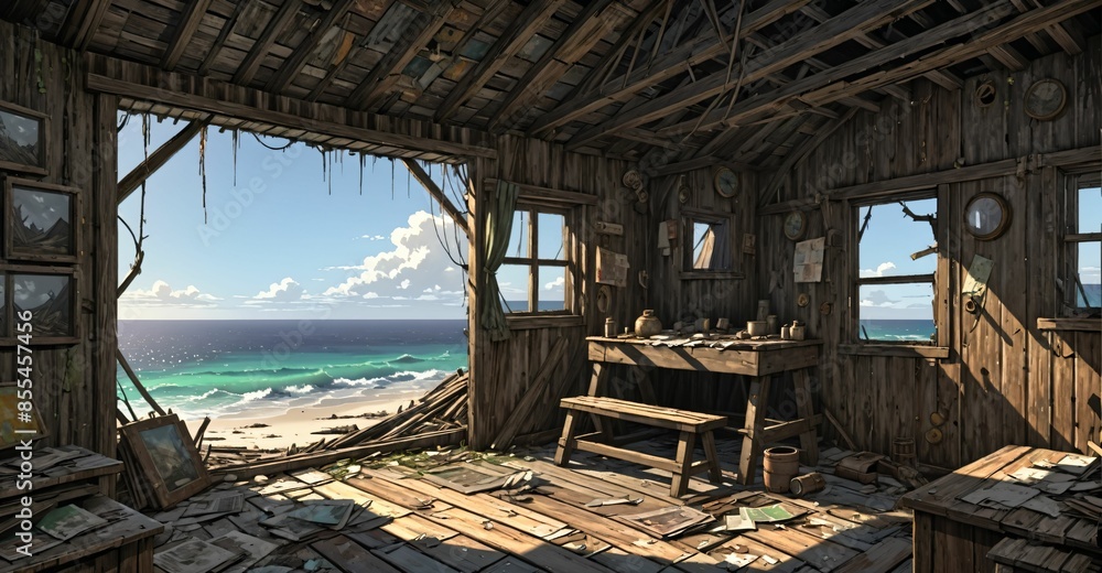 abandoned shack hut interior on beach ocean coast in summer. old wood ...