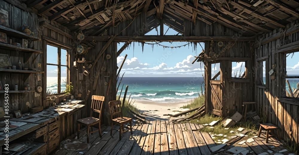 abandoned shack hut interior on beach ocean coast in summer. old wood ...