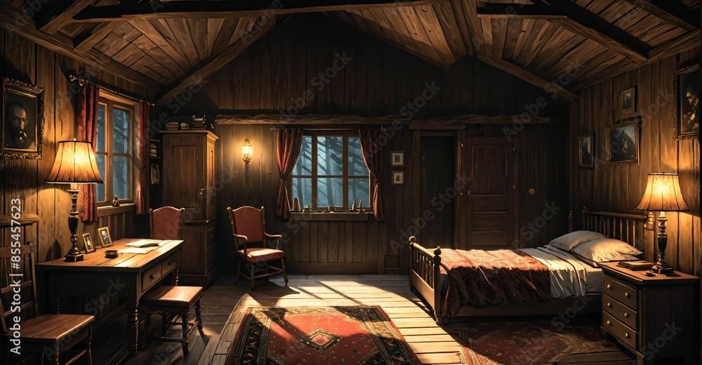 interior of modern cabin bed room in secluded forest woods. interior ...