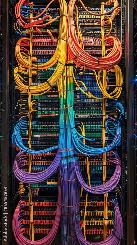 Network rack wiring diagram in blueprint style, color-coded cables ...