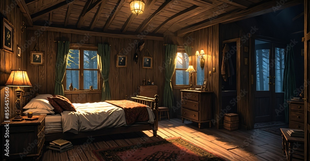 interior of modern cabin bed room in secluded forest woods. interior ...