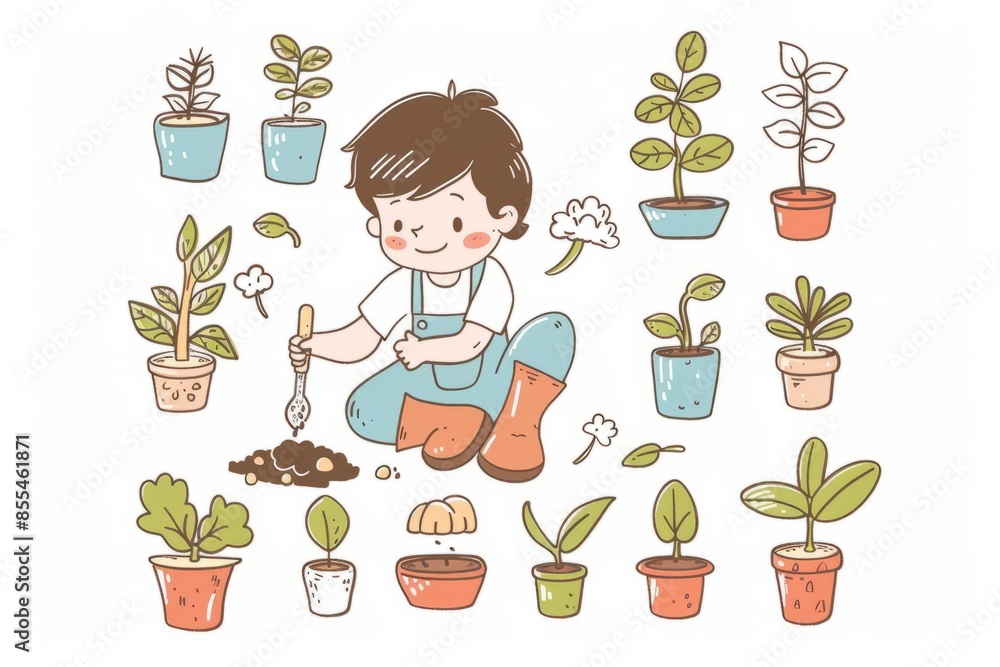 Cartoon cute doodles of a little gardener planting seeds and learning ...