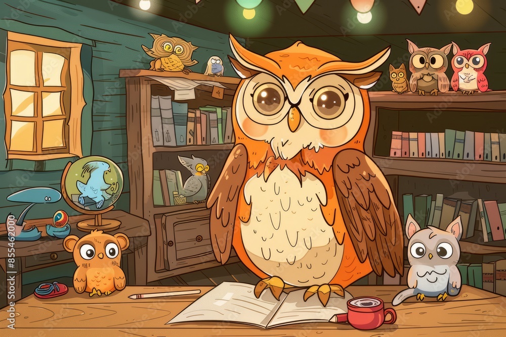 Cartoon cute doodles of a wise owl teaching a group of small animals in ...