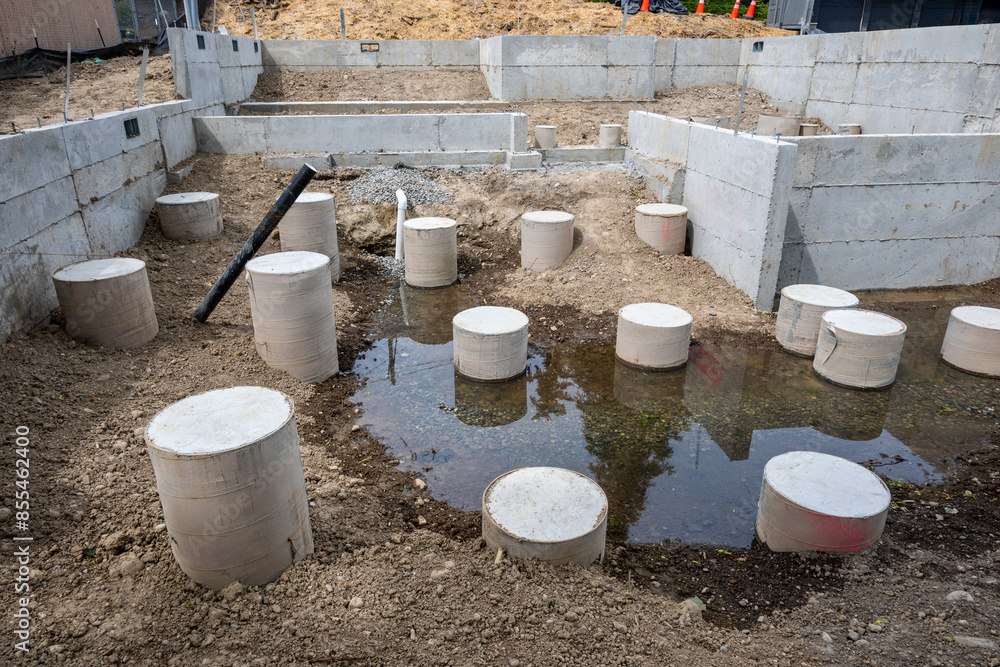 Foto de New home foundation construction in progress, cement retaining ...