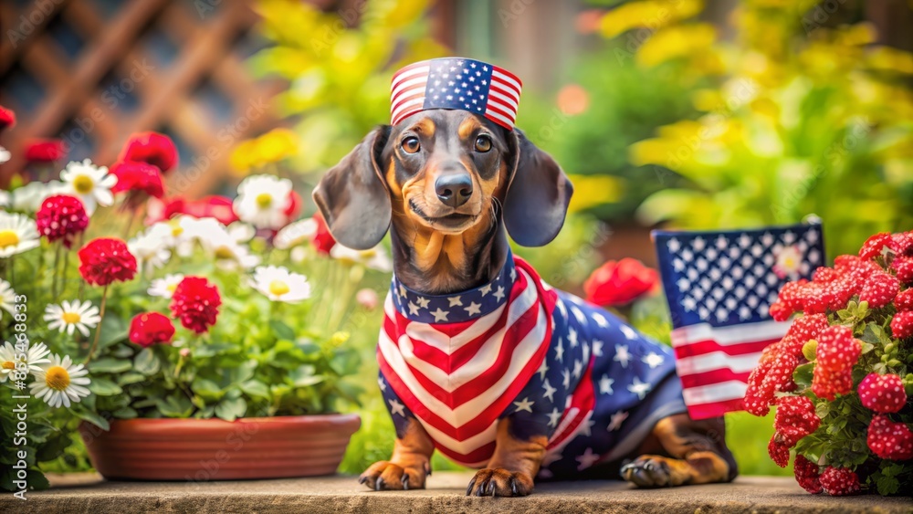 Patriotic Dachshund Dog Wearing American Flag Bandana And Stars And ...