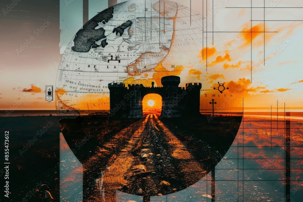 An illustration of a majestic castle, with towers and drawbridges, on ...