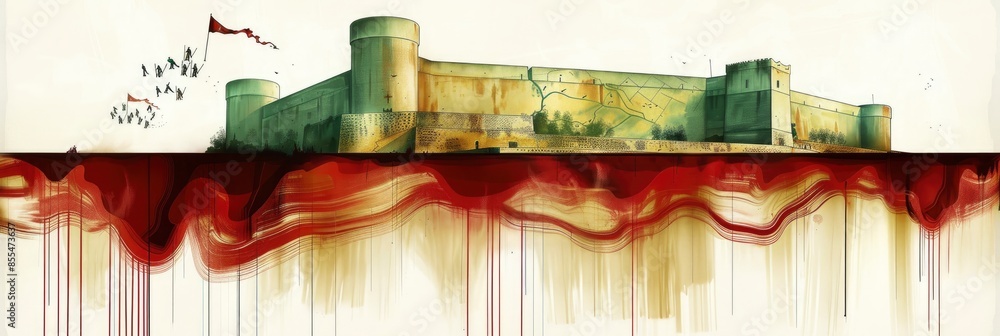 An illustration of a medieval castle, with knights and banners flying ...