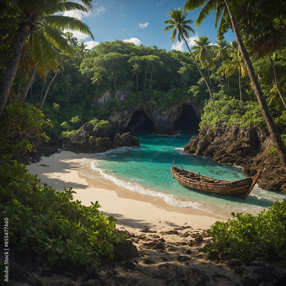 Pirate's Treasure: Paint a scene of a remote island beach, where buried ...