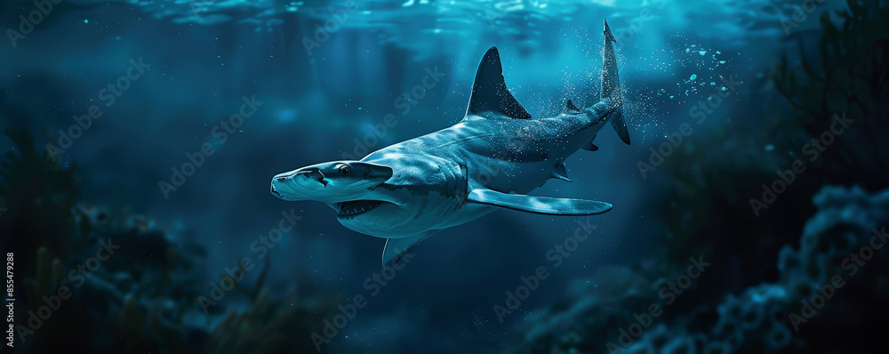 Hammerhead Shark swimming underwater under sea life with sunbeams Stock ...