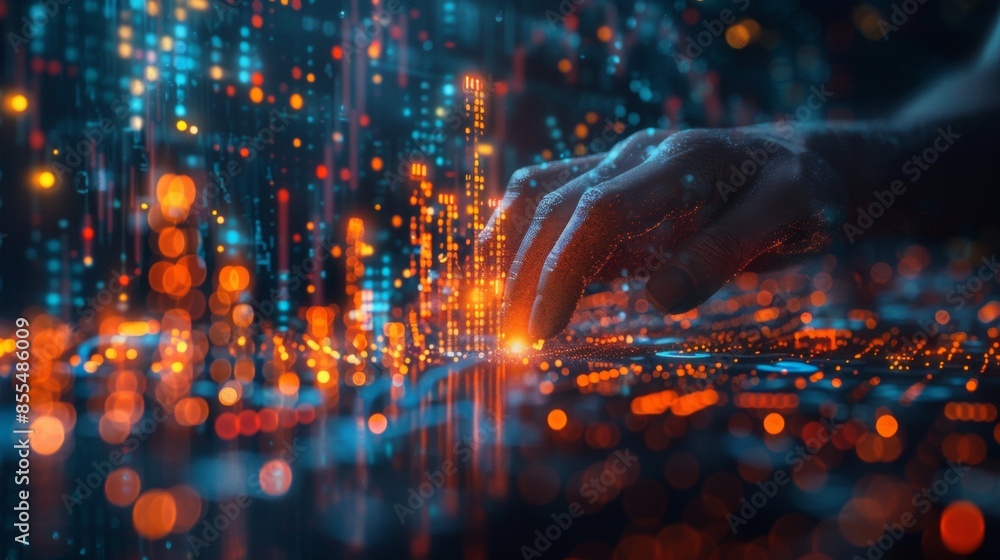 Investing, hand with a series of bar chart showing a graph that changes ...