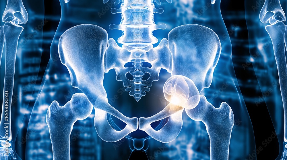 Hip X-ray with a hip replacement showing a surgically implanted hip ...