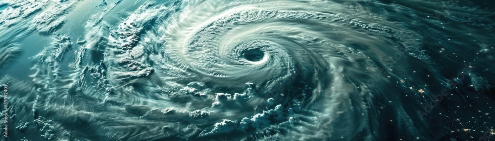 Aerial view of a powerful ocean hurricane spiral swirling with intense ...