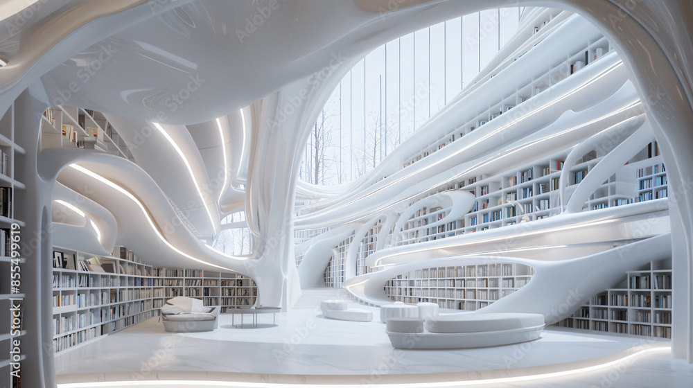 Futuristic white library with curved walls and bookshelves with copy ...
