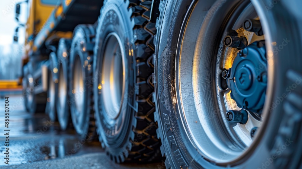 Detailed view of freight truck wheels, highlighting the massive rubber ...