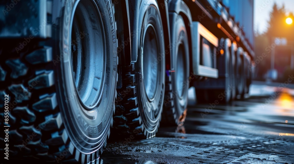 Detailed view of freight truck wheels, highlighting the massive rubber ...