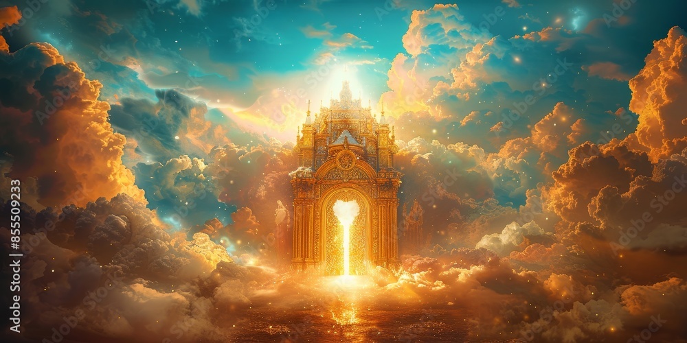 Epic heaven gate with golden gates, heavenly clouds and heaven ...