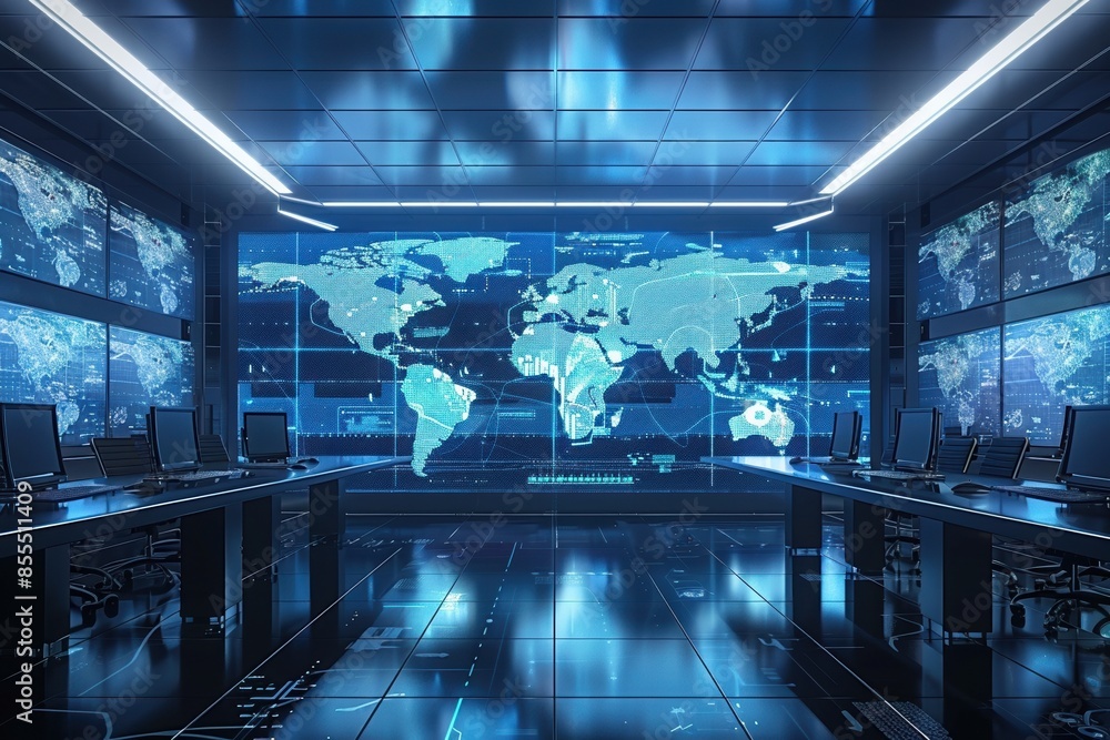 Modern control room with world map screen displaying data and ...