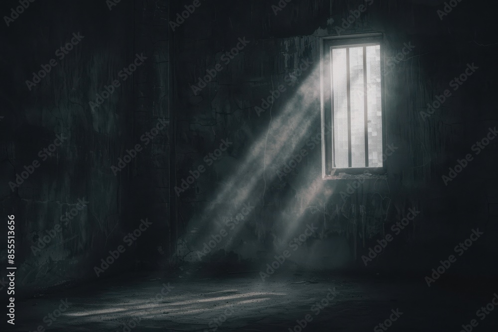 Eerie light beam through a small window in a dark and empty room, with ...