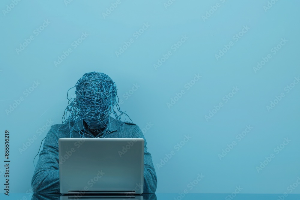 Person with tangled cables on head using laptop, representing digital ...