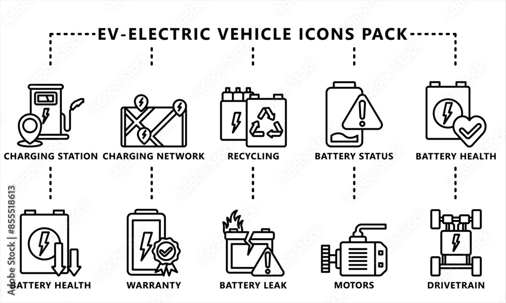EV-Electric Vehicle black outline icons pack, related to EV, electric ...
