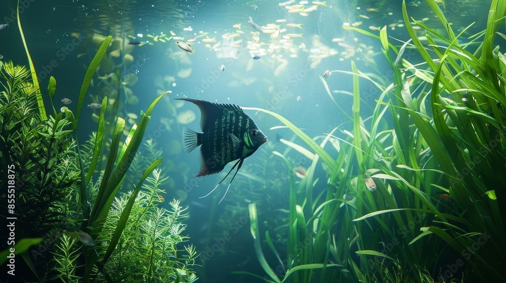 Stunning aquarium scene with angelfish amidst dense aquatic plants ...