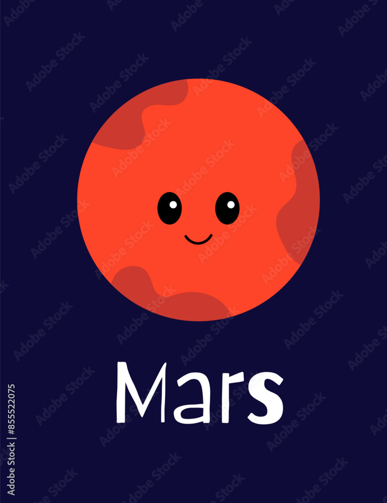 Vetor de Cute Mars planet vector illustration educational card. Flat design, smiley face for ...
