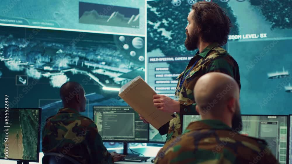 Army major reads operation details from a case file in a control center ...