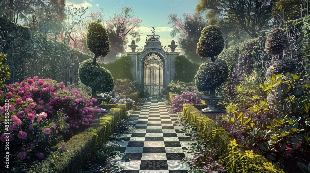 A background depicting a lush garden with a checkerboard pattern path ...