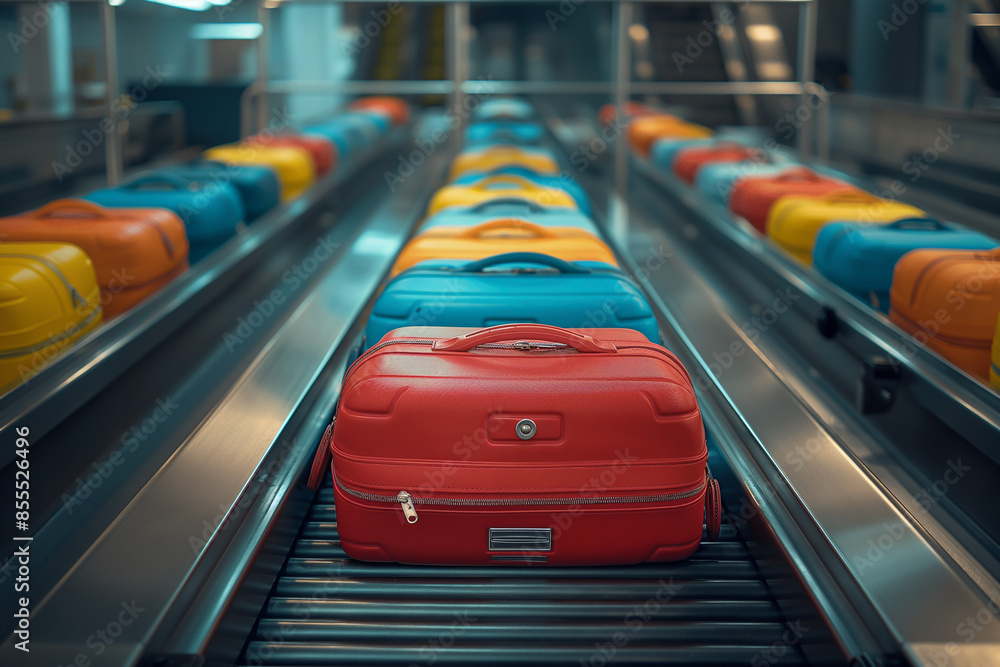 The image shows a suitcase on a conveyor belt, often found in baggage ...