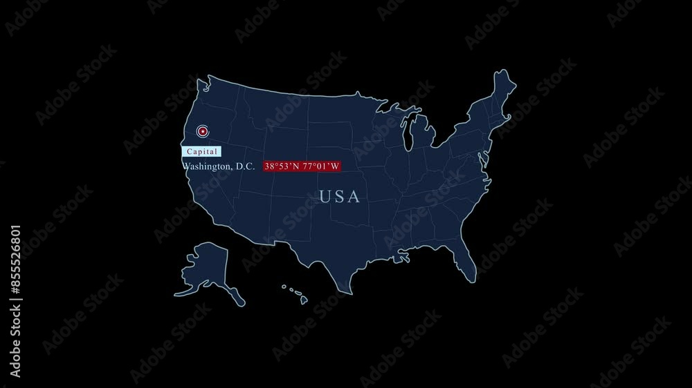 Blue stylized USA map with Washington d.c. capital city and geographic ...
