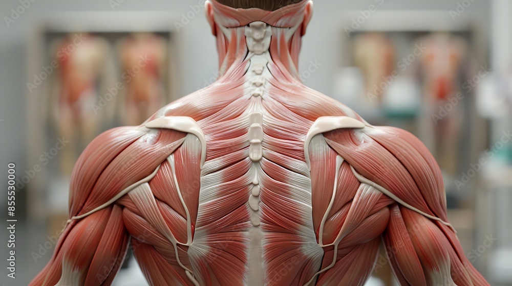 Panoramic view of a back of a person from his head to waist , muscles ...