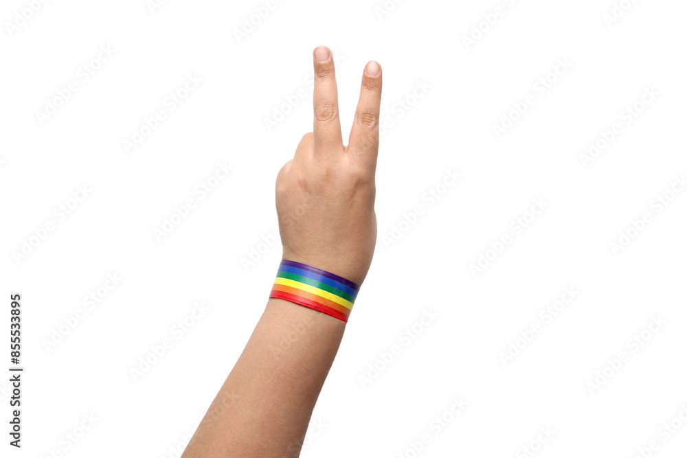 Hand with bracelet with the rainbow colors of the gay flag, a symbol ...