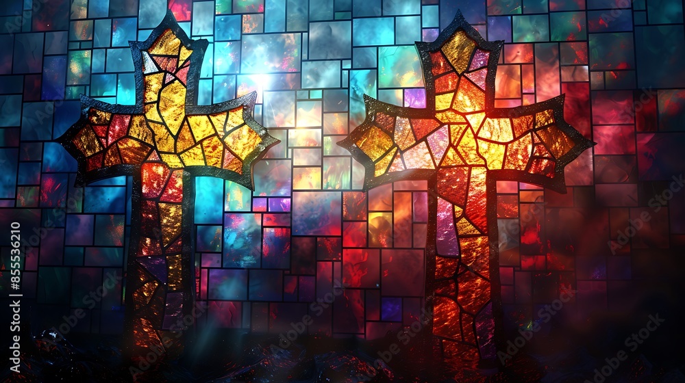 An abstract scene of stained glass crosses with intricate details and ...
