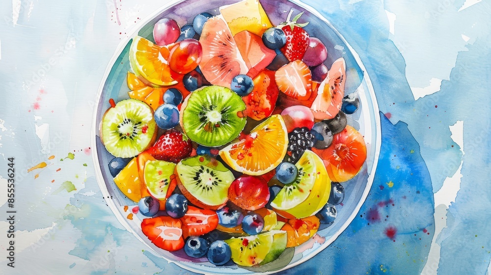 Watercolor painting of a fresh fruit salad in a bowl, top view ...