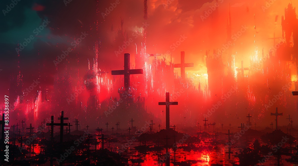 An artistic depiction of crosses within a digital glitch art ...