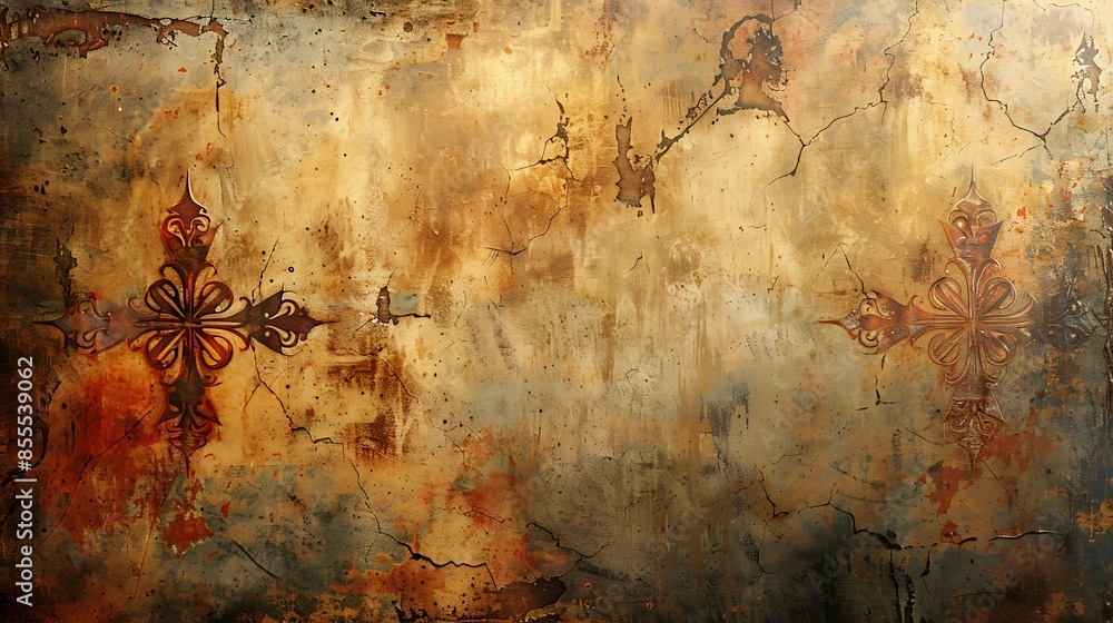 Cross patterns overlaying an ancient manuscript texture, evoking a ...