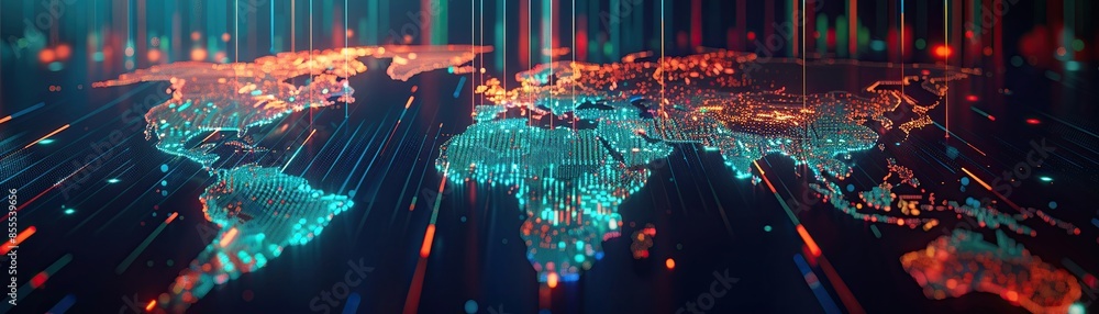 3D rendering of a world map with financial symbols and growth arrows ...