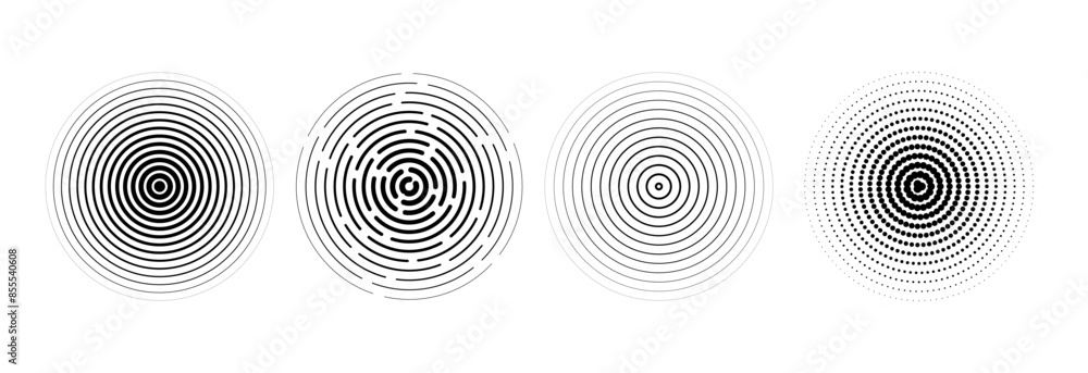 Radial circle set. Sonar or sound wave ring collection. Halftone and ... Radial circle set. Sonar or sound wave ring collection. Halftone and ...