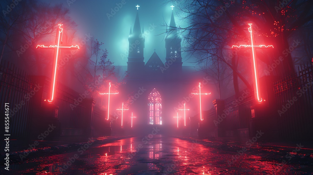 ภาพประกอบสต็อก Neon crosses glowing on a foggy, gothic-inspired ...