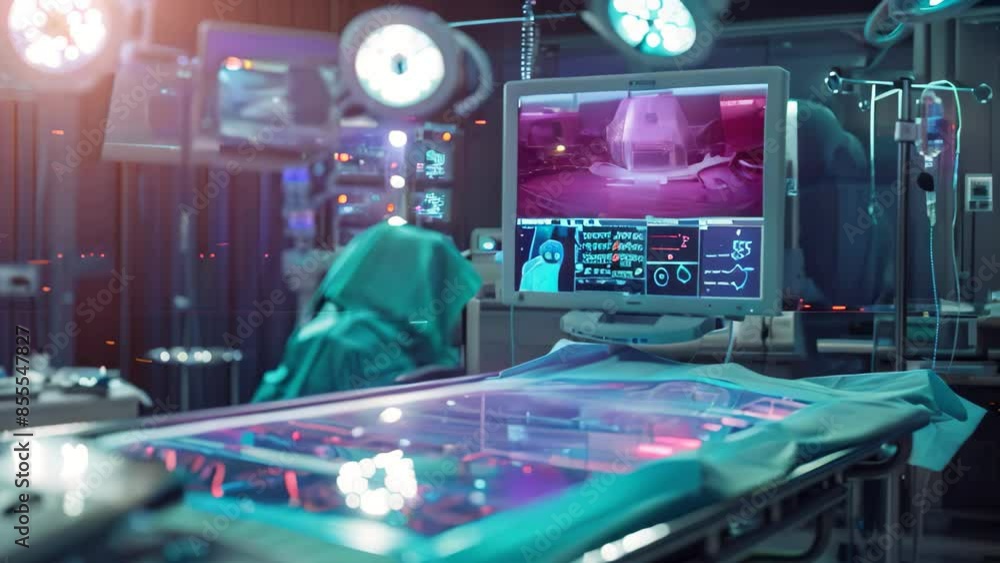 A computer monitor is placed on top of a table, ready for use or ...