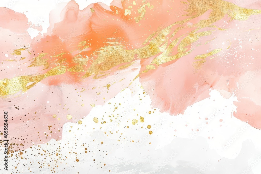abstract peach watercolor splash with gold foil accents on white ...