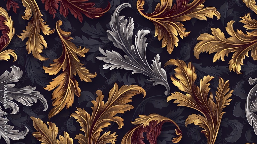 Seamless pattern with vintage acanthus leaves in burgundy and gold colors on a dark background ...